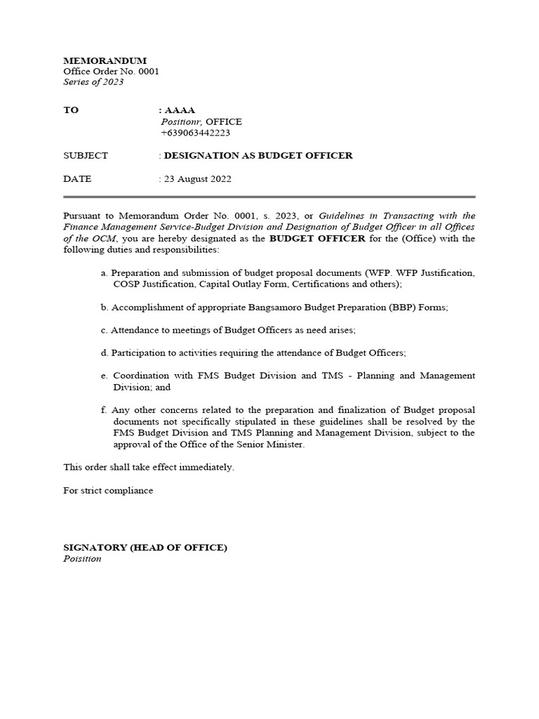 Designation-As-Budget Officer Sample | PDF