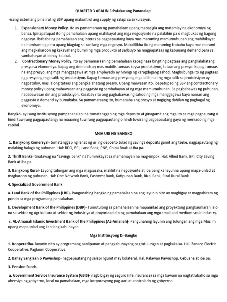 Quarter 3 Aralin 5 Patakarang Pananalapi | PDF