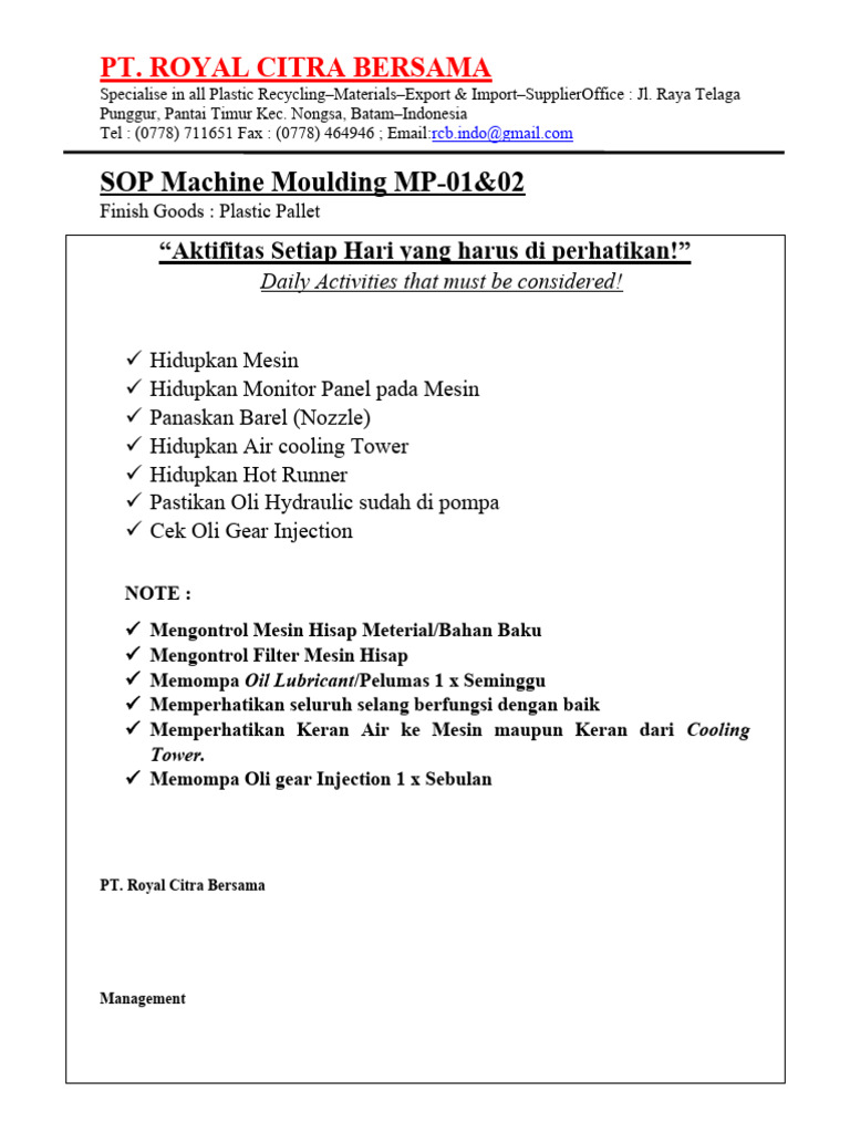 SOP Machine Injection MP-01&02 | PDF