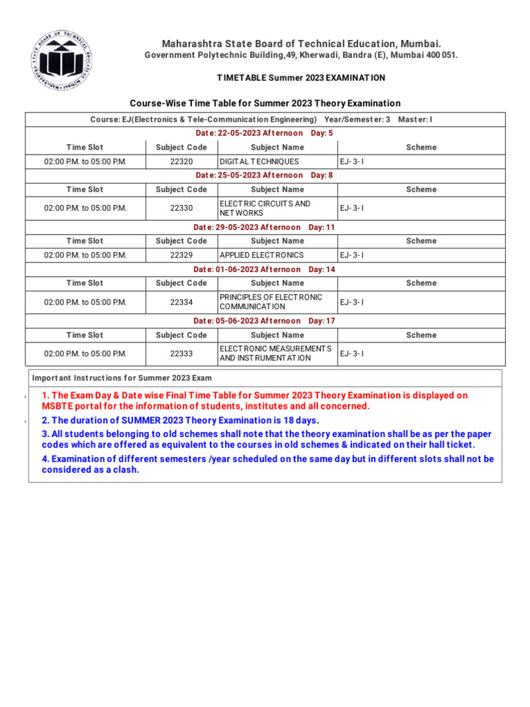 Time Table For Summer 2023 Theory Examination | PDF