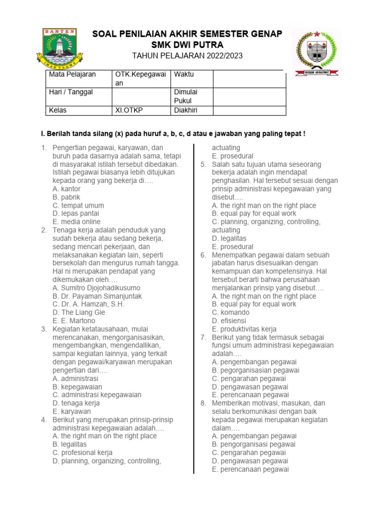 Soal OTK Kepegawaian Kelas 11 Genap | PDF