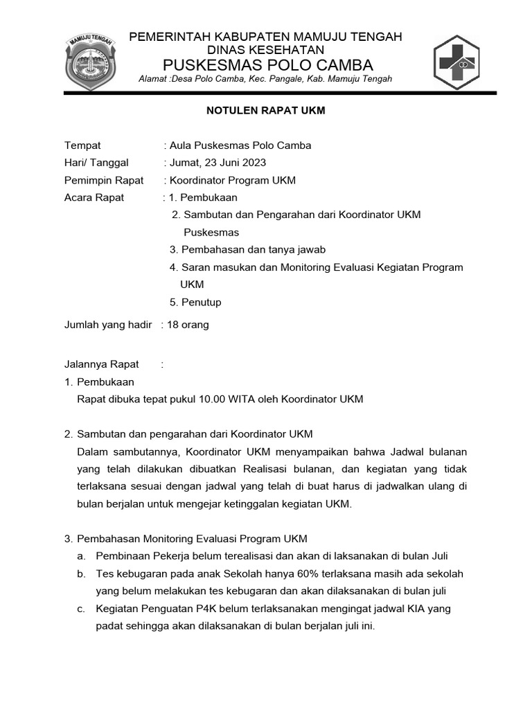 Notulen Rapat Ukm Juni 2023 | PDF