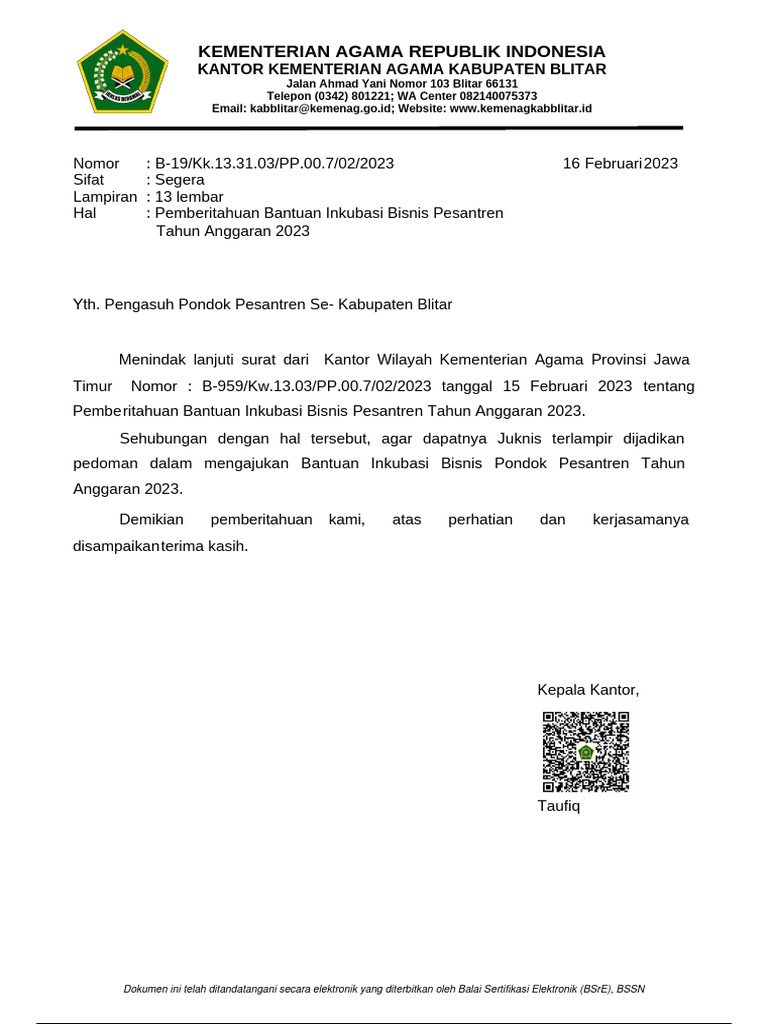 Surat Pemberitahaun Bantuan Inkubasi Bisnis Pesantren 2023 | PDF