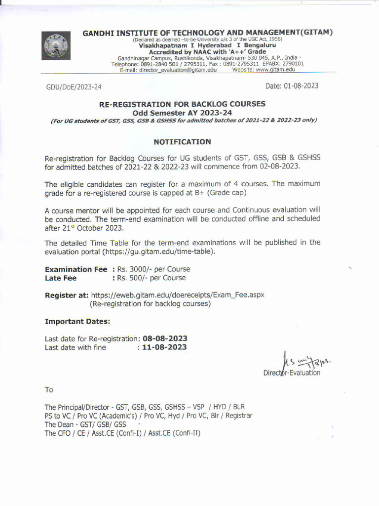 Re Registration of Backlog Courses 01.08.2023 | PDF