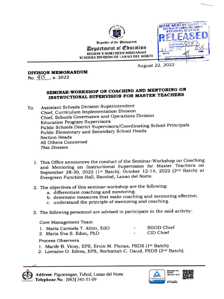 Seminar-Workshop On Coaching & Mentoring On Instructional Supervision ...