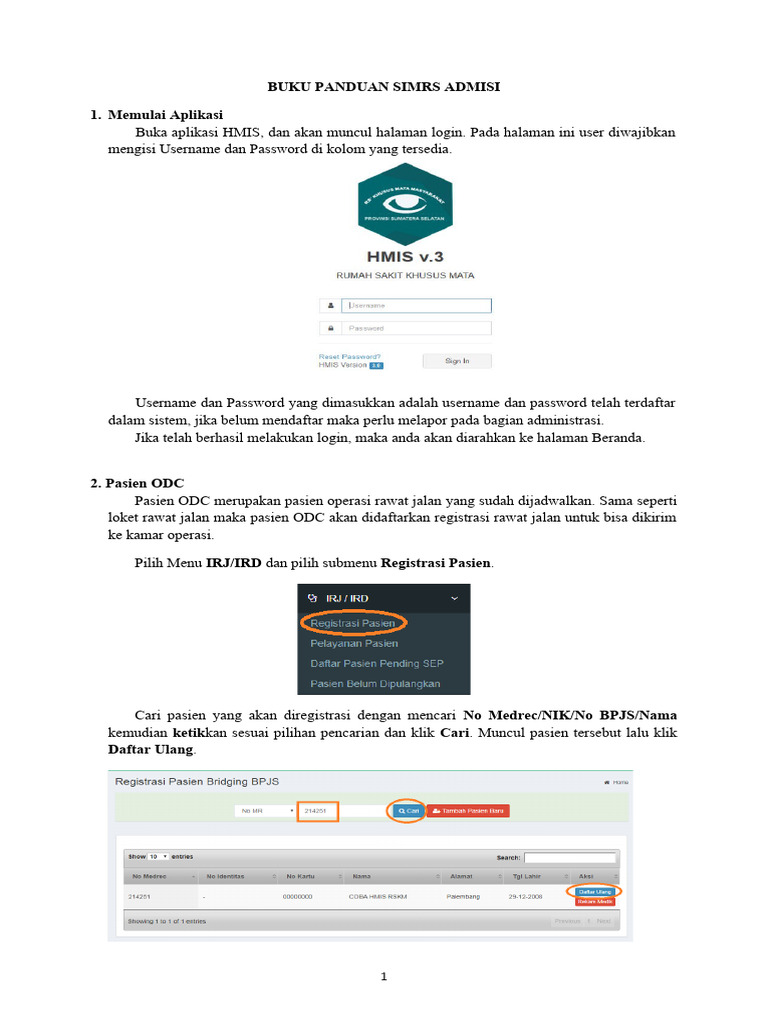 BUKU PANDUAN SIMRS ADMISI | PDF
