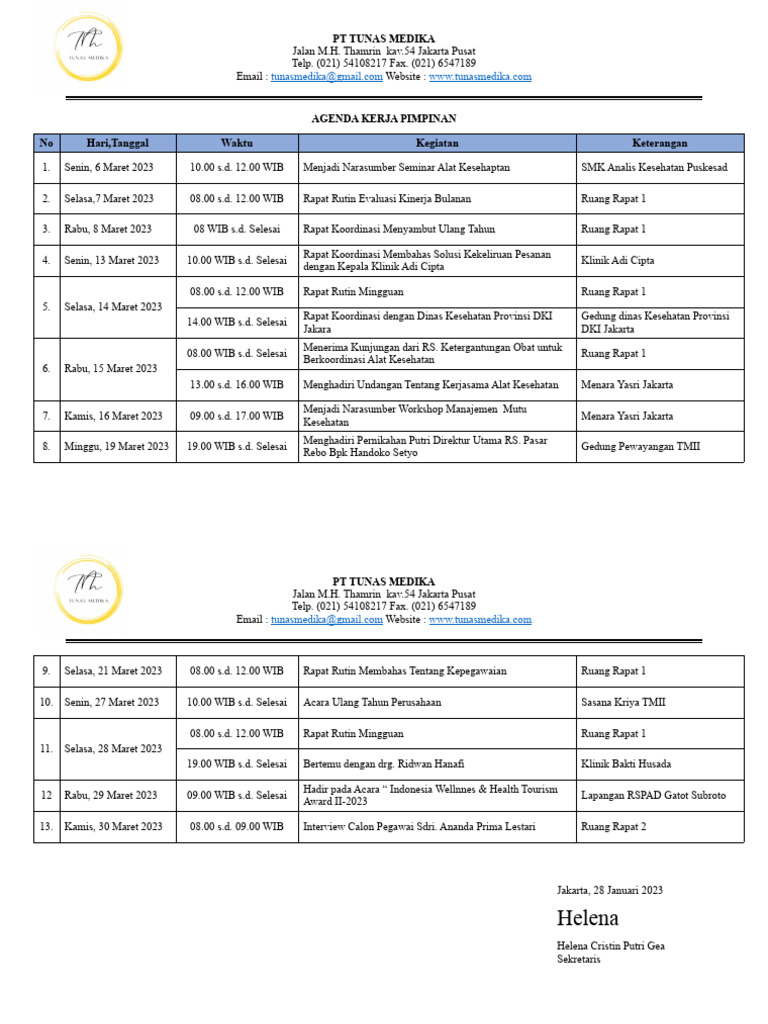 Contoh Laporan Agenda Kerja SMK Jurusan Perkantoran | PDF