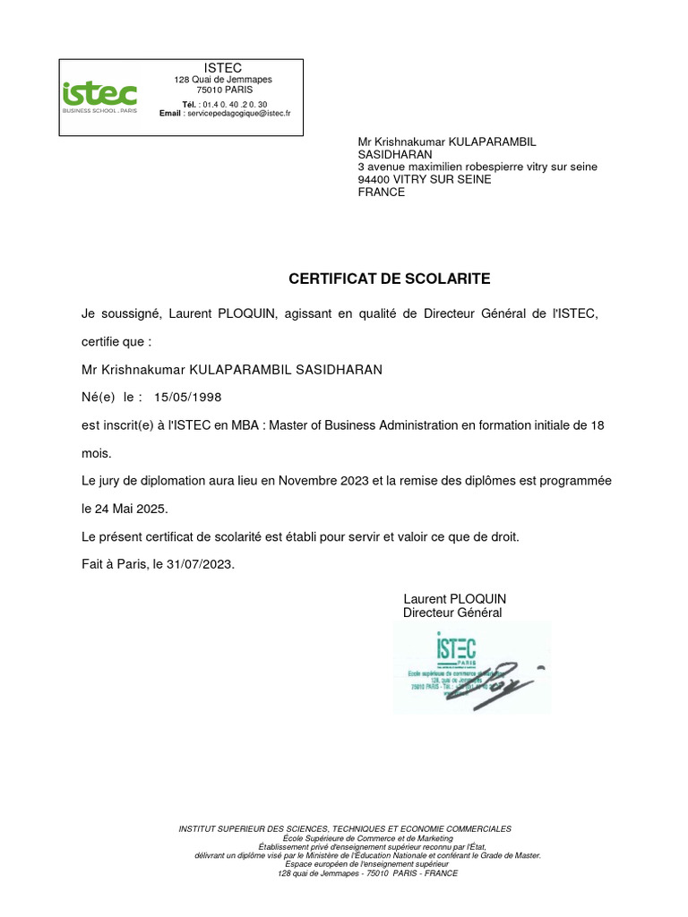 Publipostage Du 31-07-2023 Certifiact Scolarite Mba Ro22 - 0 ...