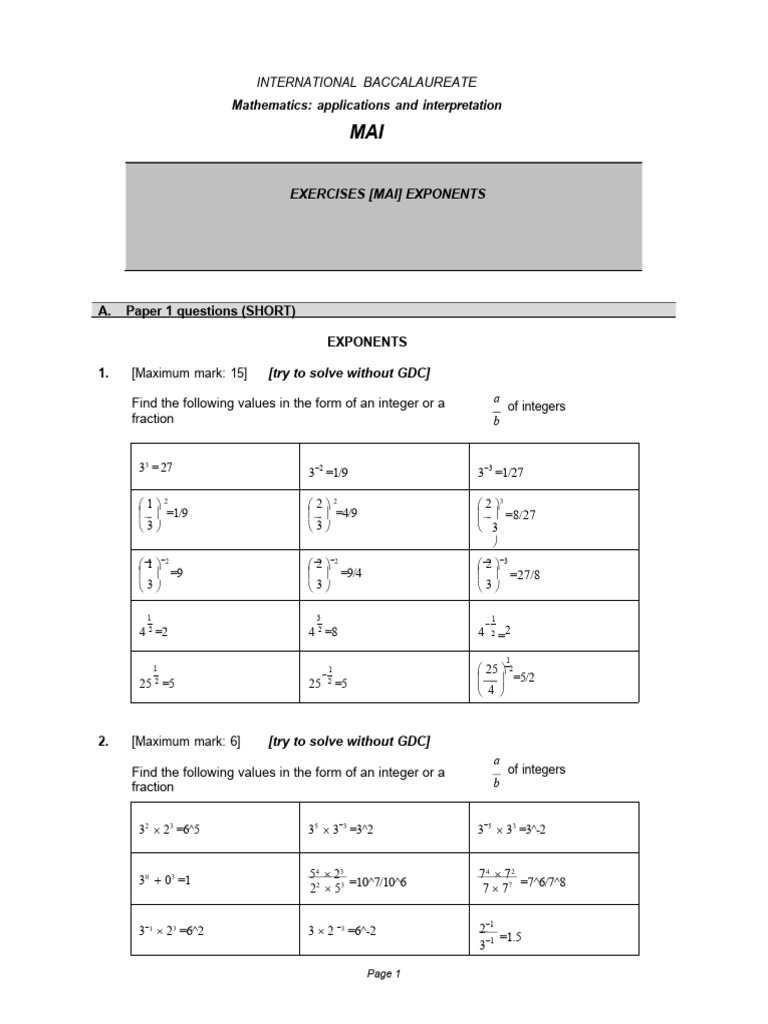 Exponents Exercises for IB Mathematics | PDF | Exponentiation | Equations