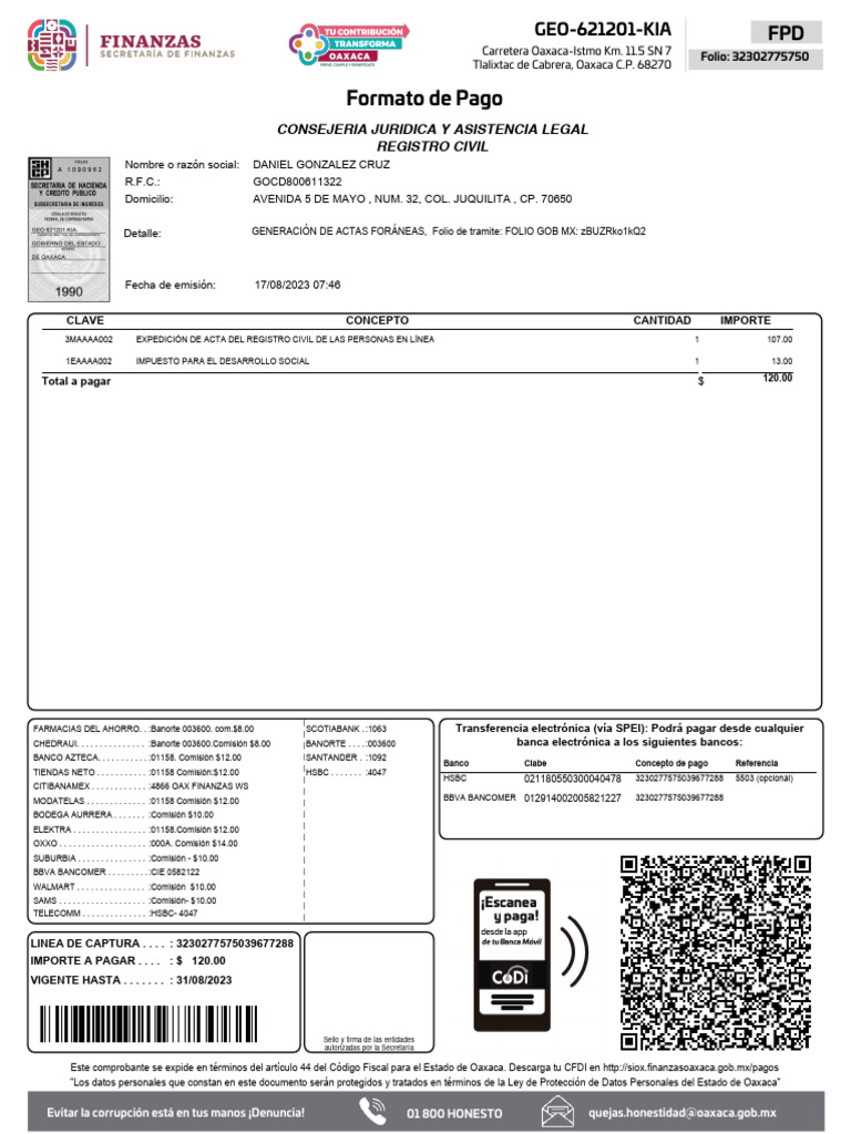 Formato de Pago: Consejeria Juridica Y Asistencia Legal Registro Civil ...