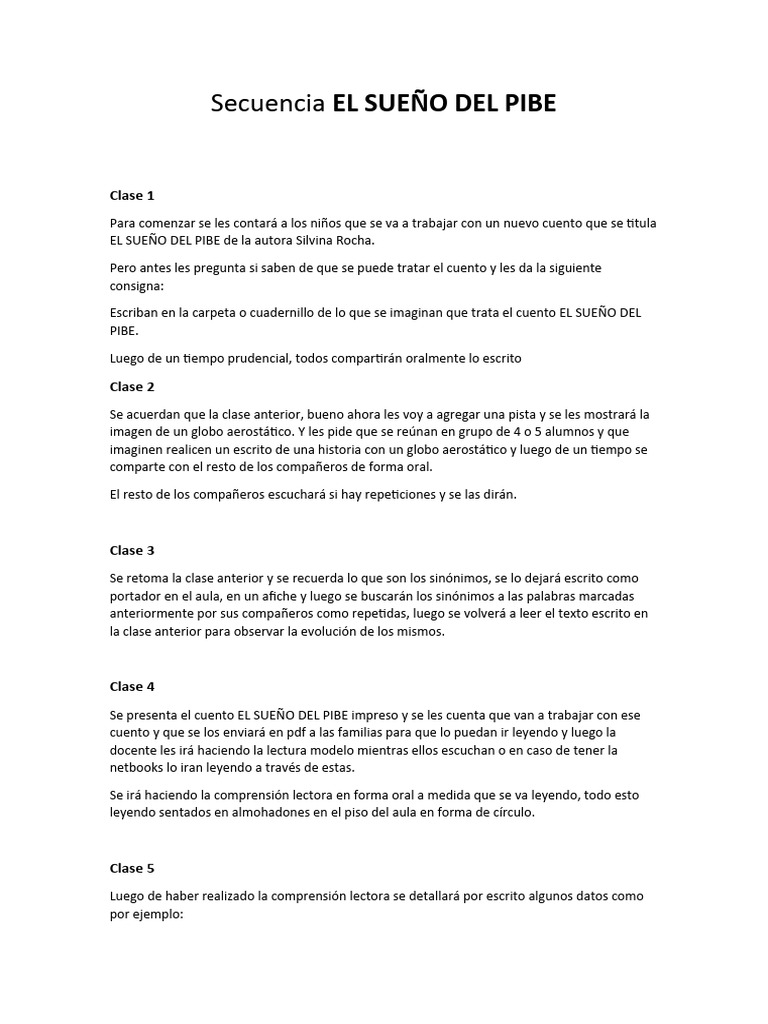 Secuencia EL SUEÑO DEL PIBE Silvina Rocha | PDF