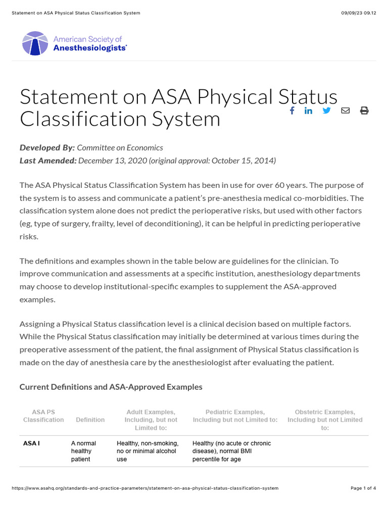 Statement On ASA Physical Status Classification System | PDF