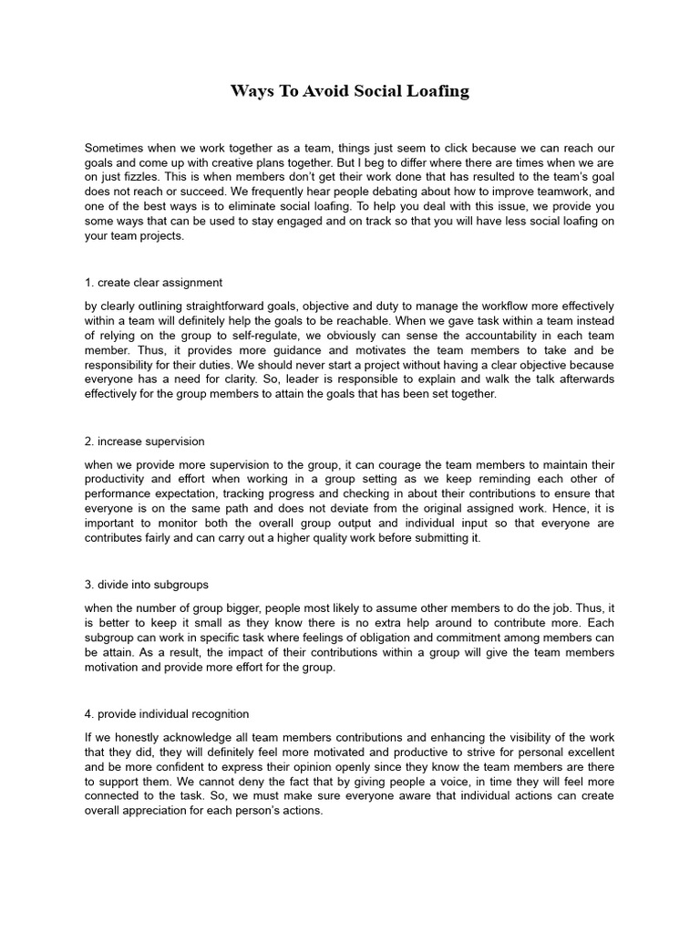 ways to avoid social loafing | PDF | Psychological Concepts ...