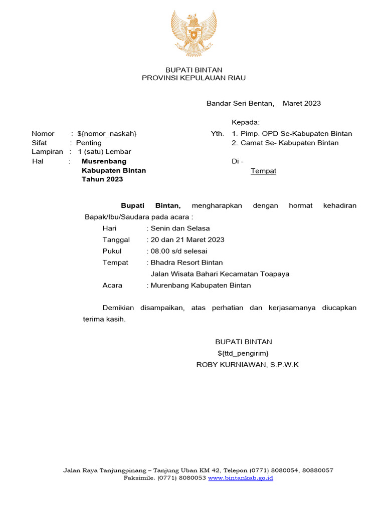 Draft Undangan Musrenbang Kabupaten 2023 | PDF
