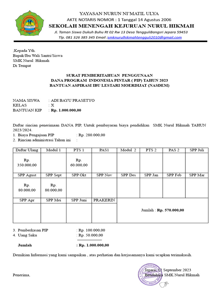Pemberitahuan Dana PIP 2023 Kelas X | PDF