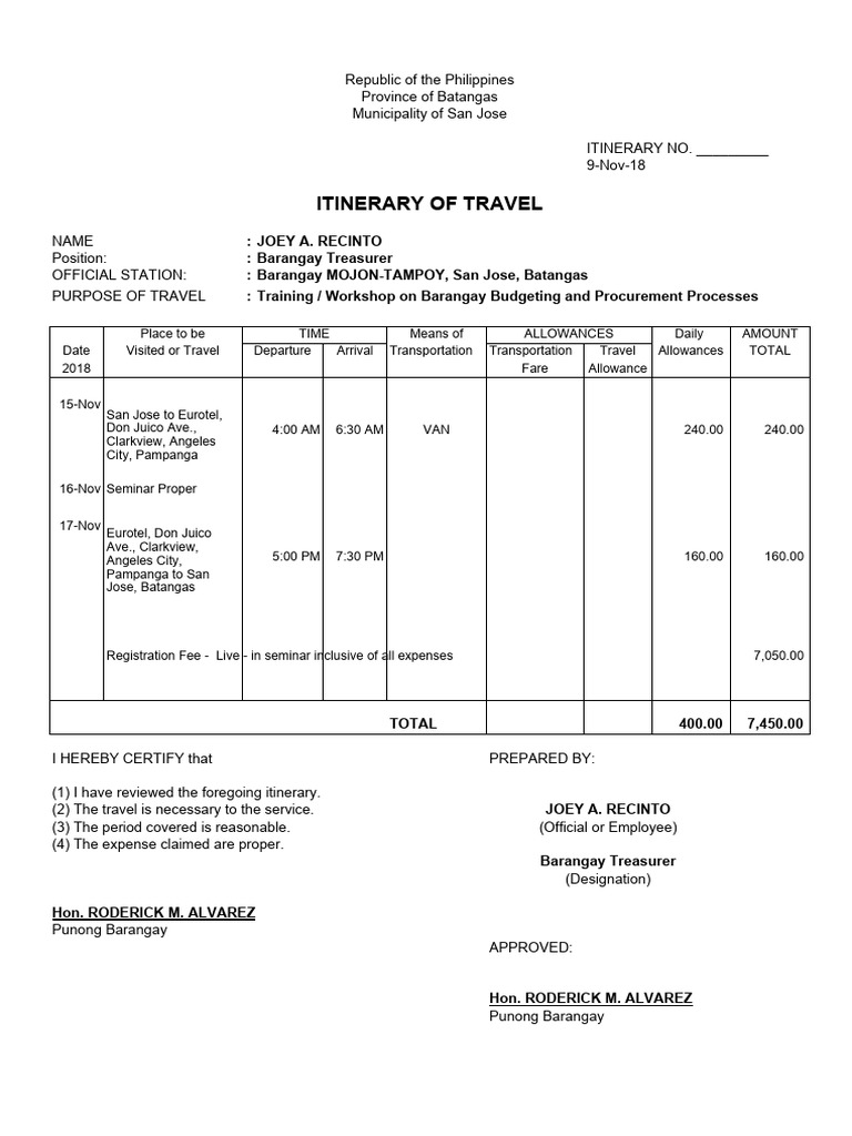 Itinerary of Travel | PDF