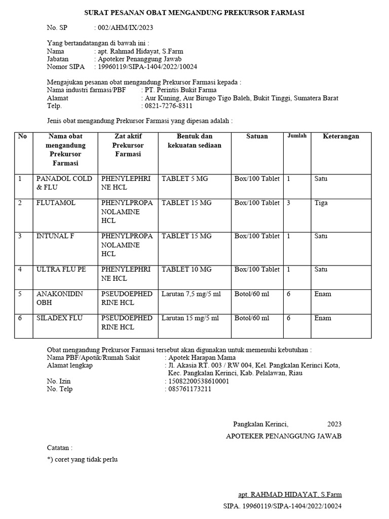 Surat Pesanan Prekursor 002 | PDF