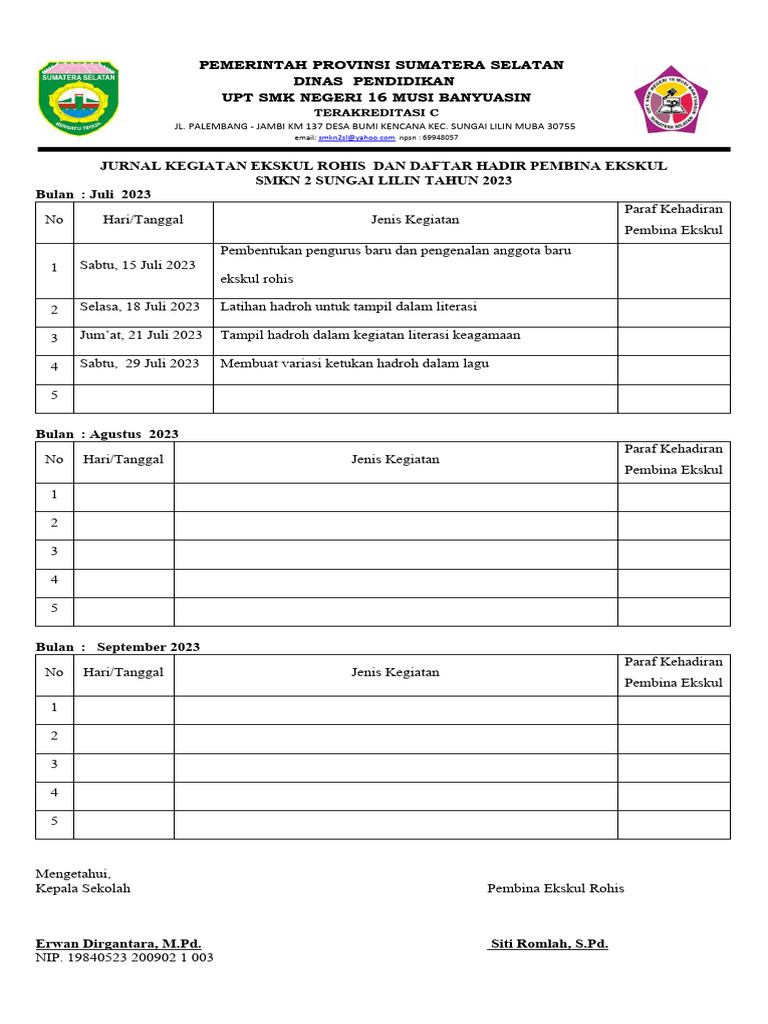 JURNAL EKSKUL & DAFTAR HADIR PEMBINA EKSKUL | PDF