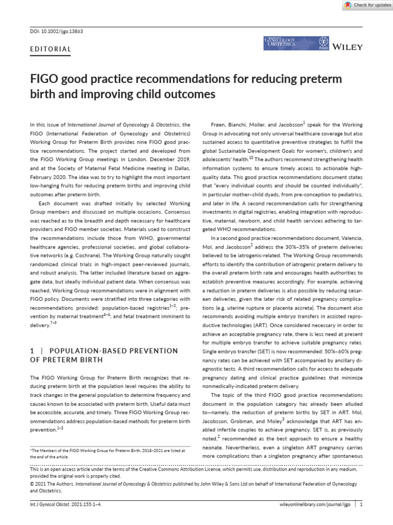 FIGO Good Practice Recommendations For Reducing Preterm Birth and Improving | PDF | Self ...