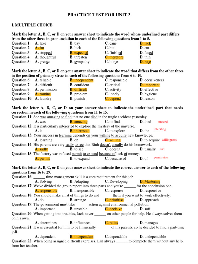 Unit 3 Practice Test: Vocabulary & Grammar | PDF