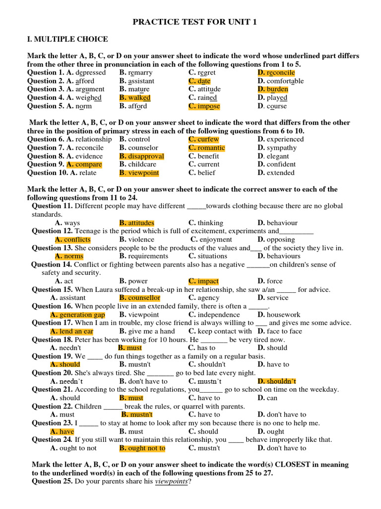 Practice Test For Unit 1+ 2 E11 HK 1 | PDF