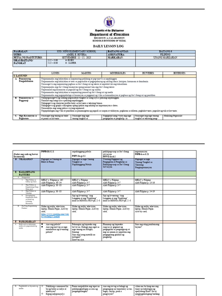 DLL FILIPINO 6 Q1 Wk.3 2023 2024 | PDF