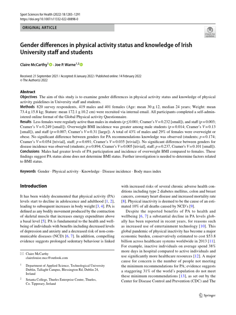 Gender Differences in Physical Activity Status and Knowledge of Irish ...