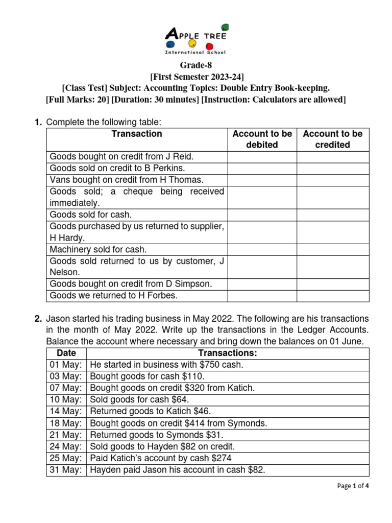G8 Accounting Class Test On Double Entry Book-Keeping | PDF G8 Accounting Class Test On Double Entry Book-Keeping | PDF