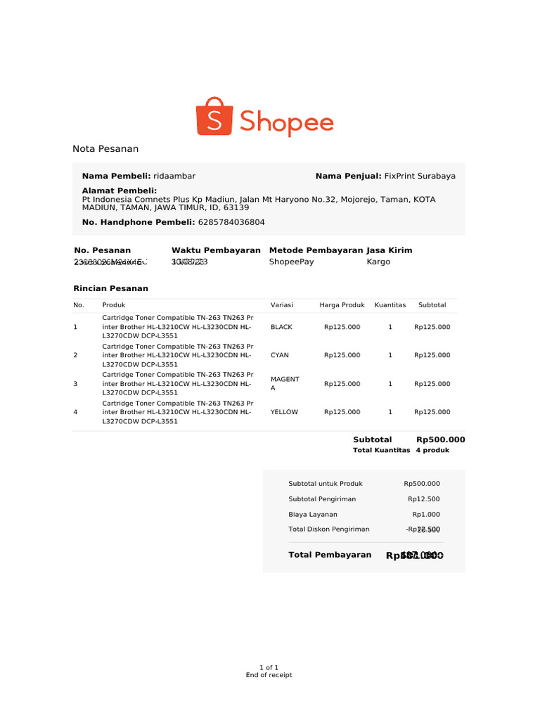 Nota Pembelian Tinta Printer | PDF