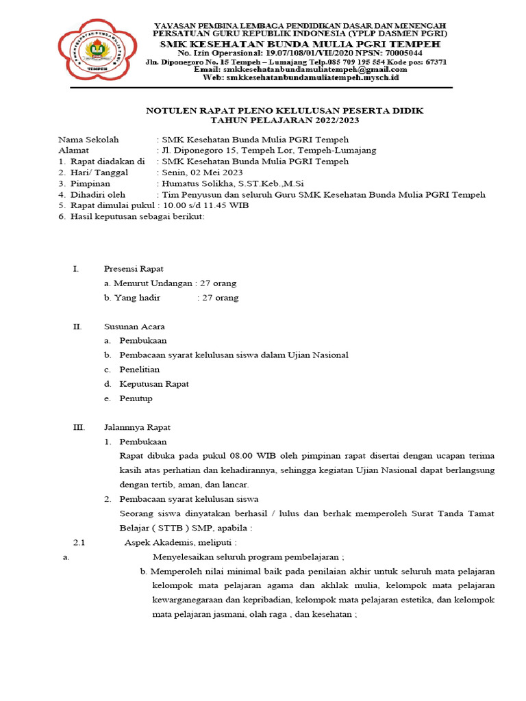 contoh rapat pleno kelulusan | PDF