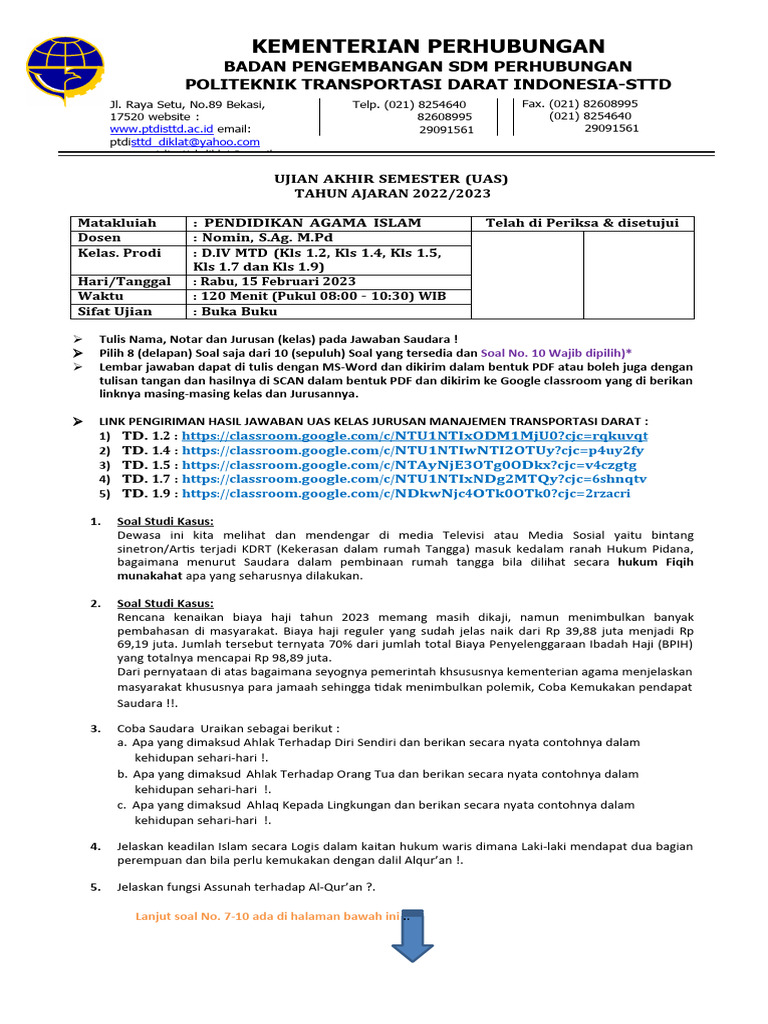 Soal Uas Agama Islam 2023 MTD | PDF