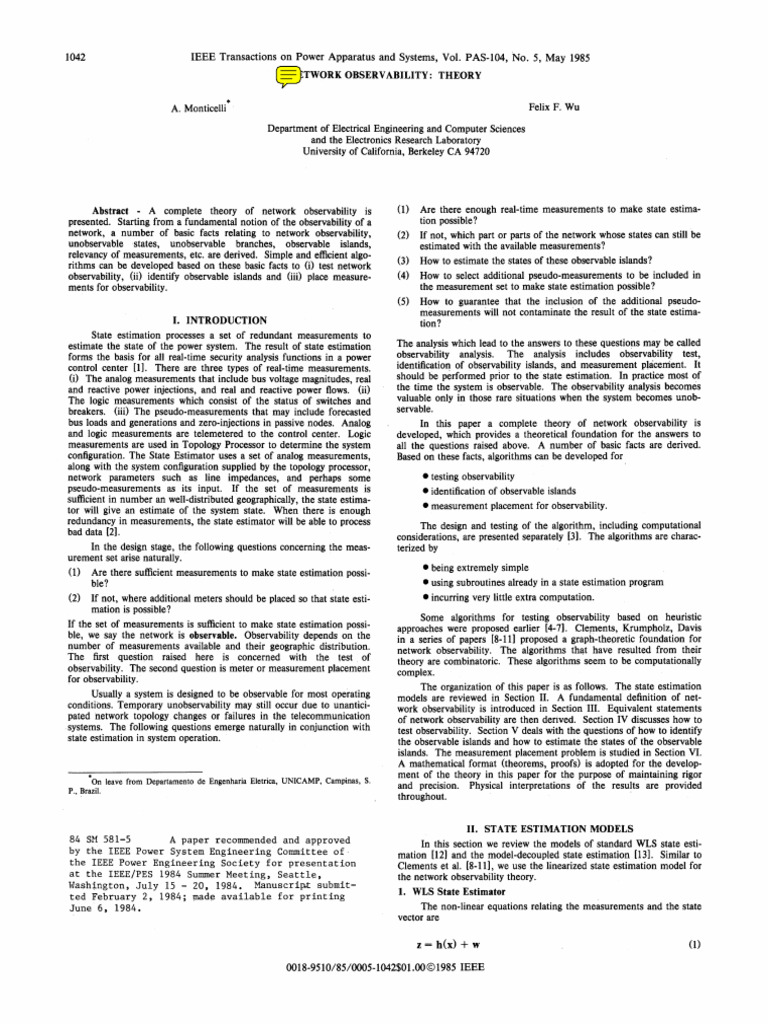 Observability Theory Monticelli Wu 1985 | PDF | Technology & Engineering