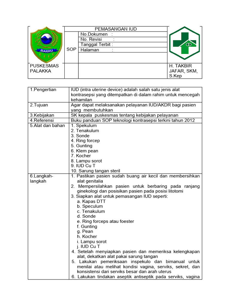 SOP Pemasangan IUD di Puskesmas | PDF