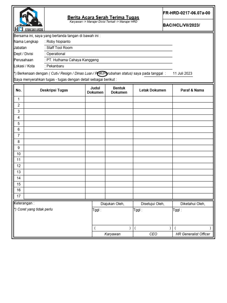 Form Berita Acara Serah Terima Tugas 2022 Untuk BCTN | PDF