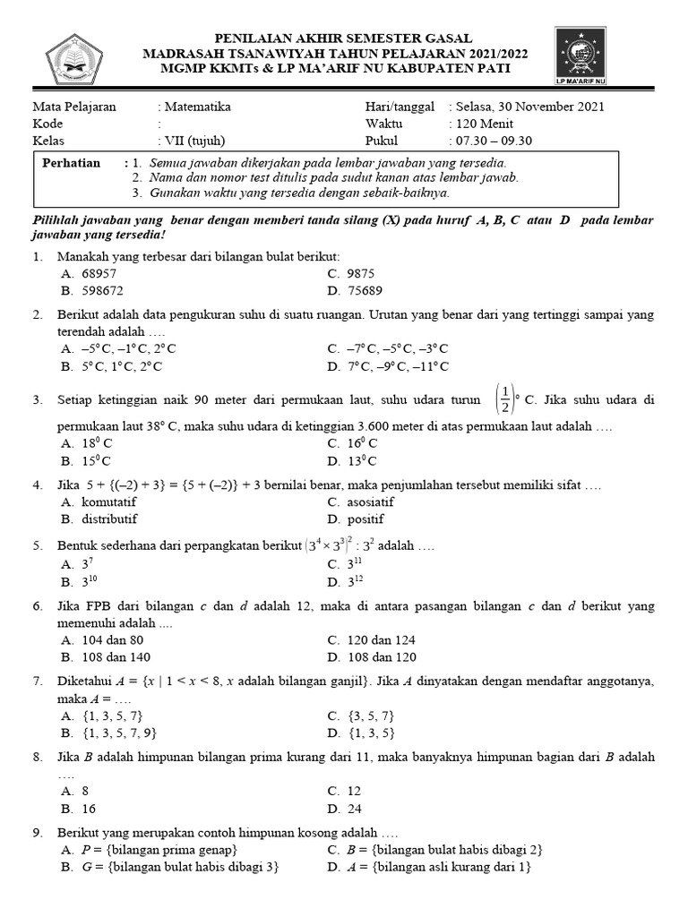 SOAL PAS MTK 7 Edit | PDF