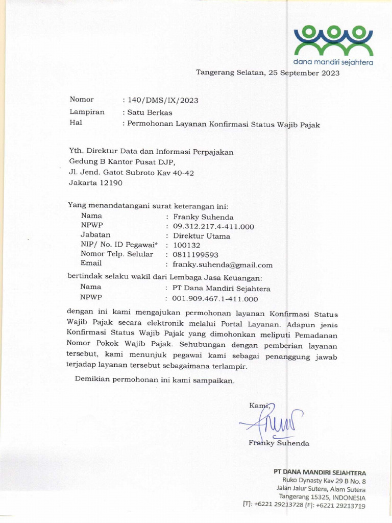 Form Permohonan Konfirmasi Status Wajib Pajak | PDF