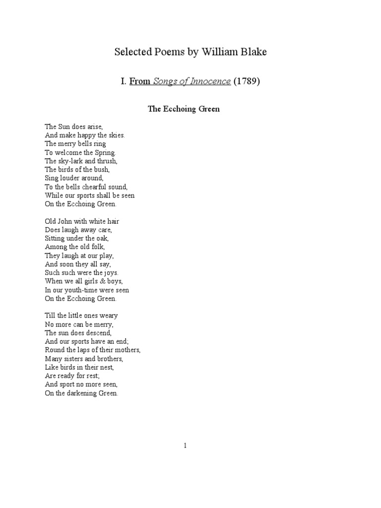 Selected Poems by William Blake: I. From Songs of Innocence (1789) | PDF