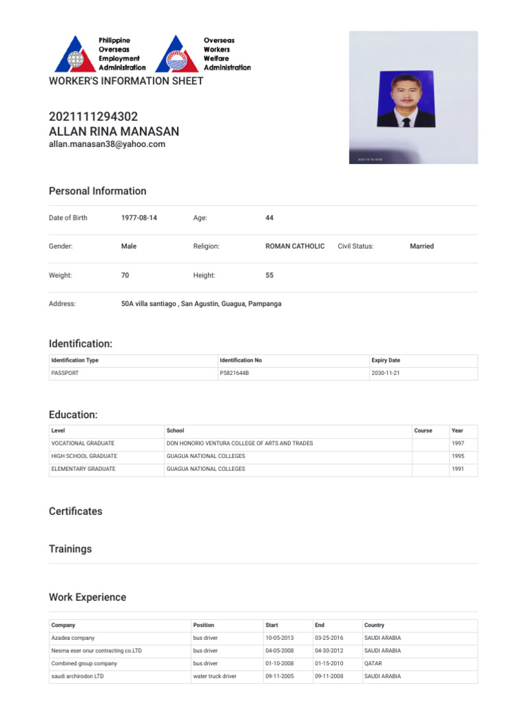 Worker Information Sheet: Allan Manasan | PDF
