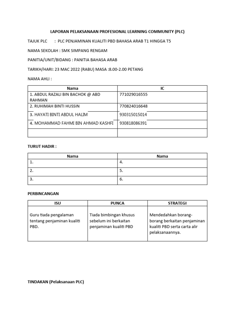 Laporan PLC Penjaminan Kualiti PBD Bahasa Arab T1 Hingga T5 | PDF