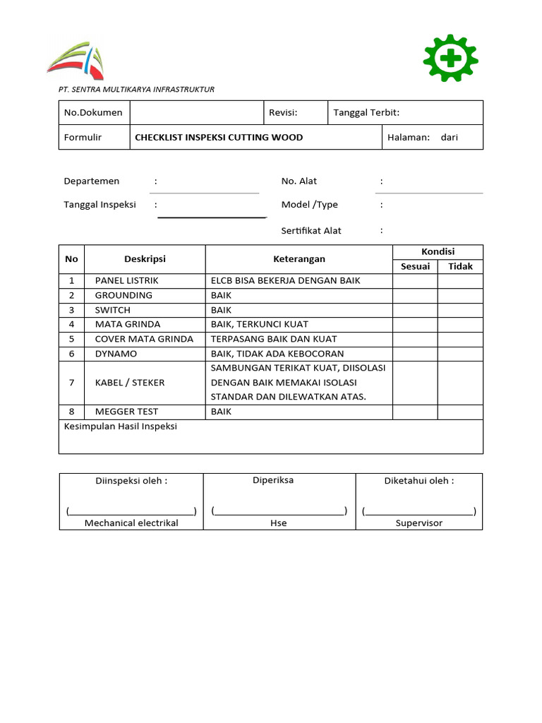 Form Check List Inspeksi Cutting Wheel | PDF | Teknologi & Rekayasa