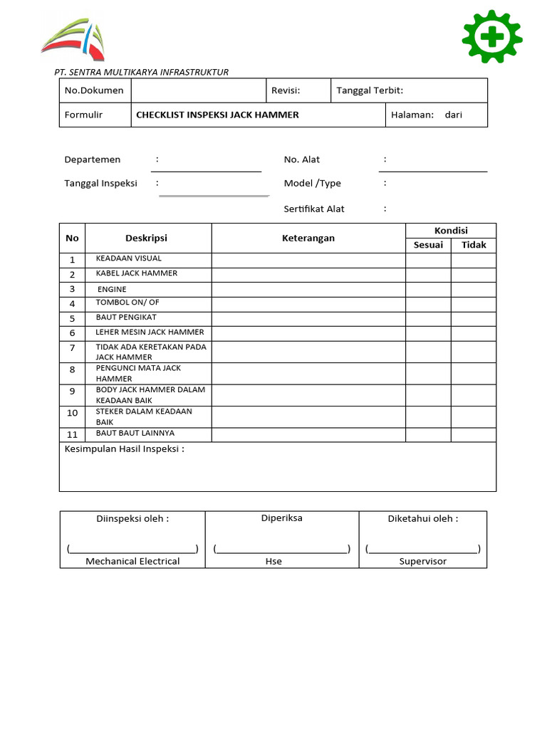 Form Check List Inspeksi Jack Hammer | PDF