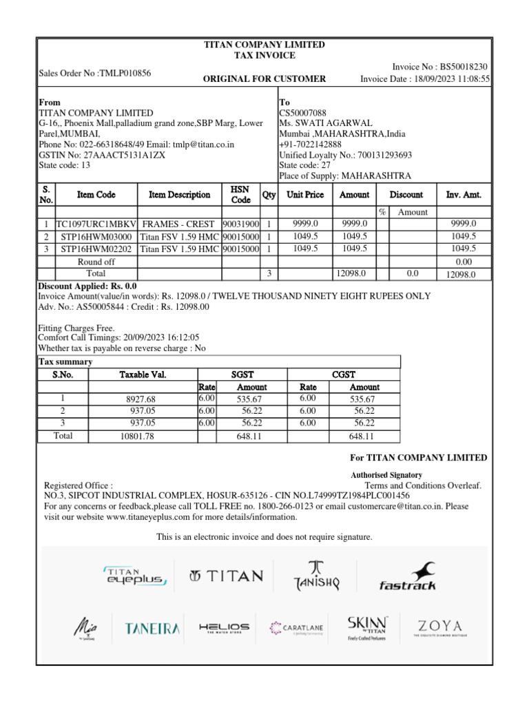 Titan EyePlus Frame Invoice | PDF | Invoice | Receipt