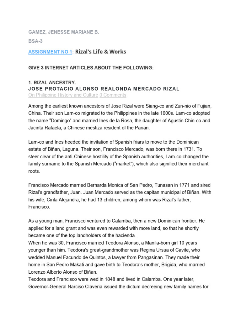 ASSIGNMENT NO 1 Rizal's Life & Works | PDF