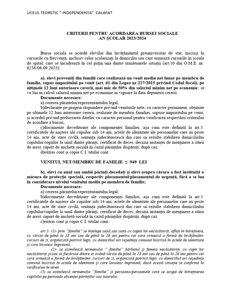 Criterii Pentru Acordarea Bursei Sociale | PDF