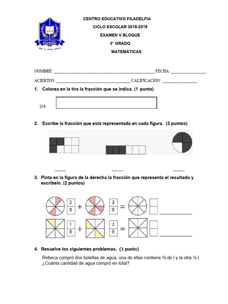 Examen de Matemáticas 3° Grado | PDF | Matemática Elemental