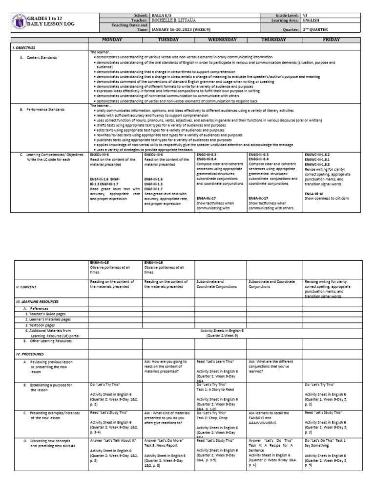 Grade 6 English DLL Week 9 Q2 | PDF | Learning | English Grammar