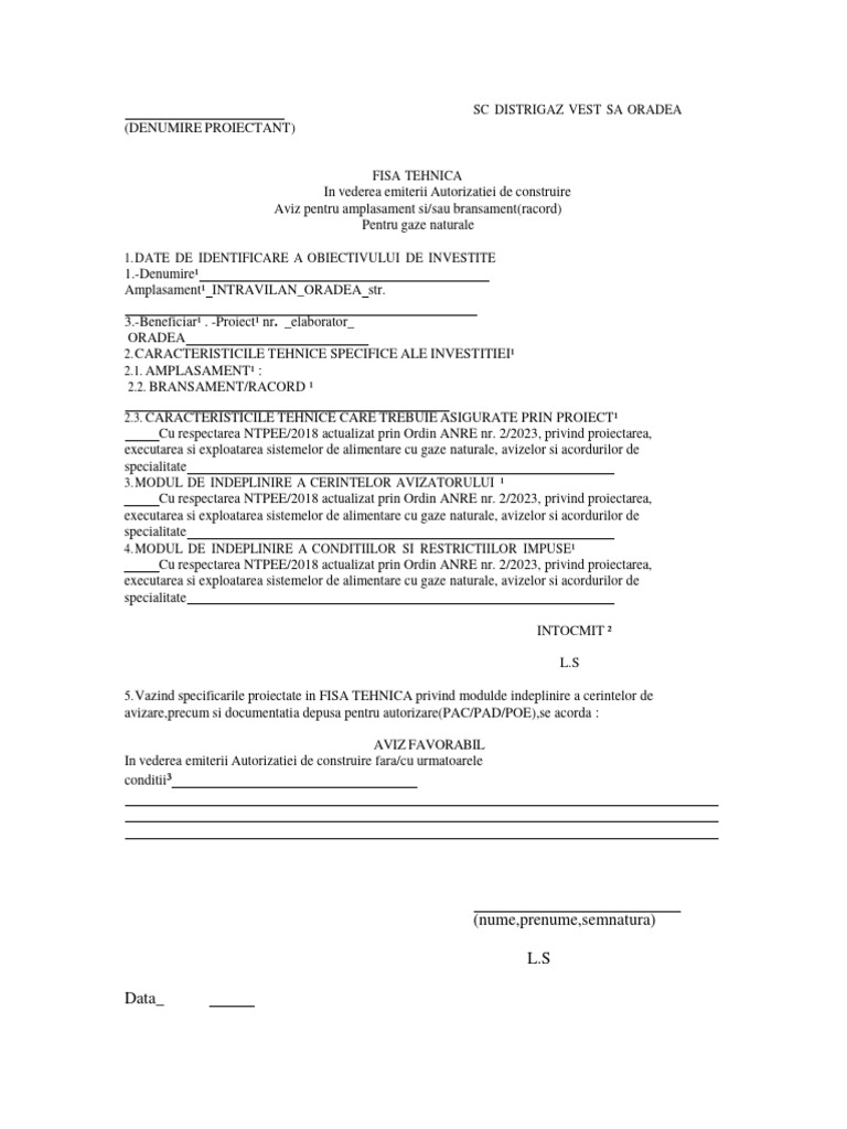 FISA TEHNICA Distrigaz | PDF