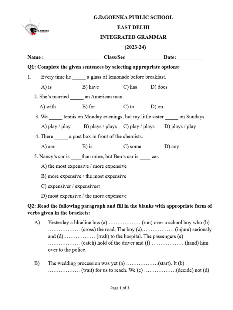 Integrated Grammar Worksheet 2023-24 | PDF | Language Arts & Discipline