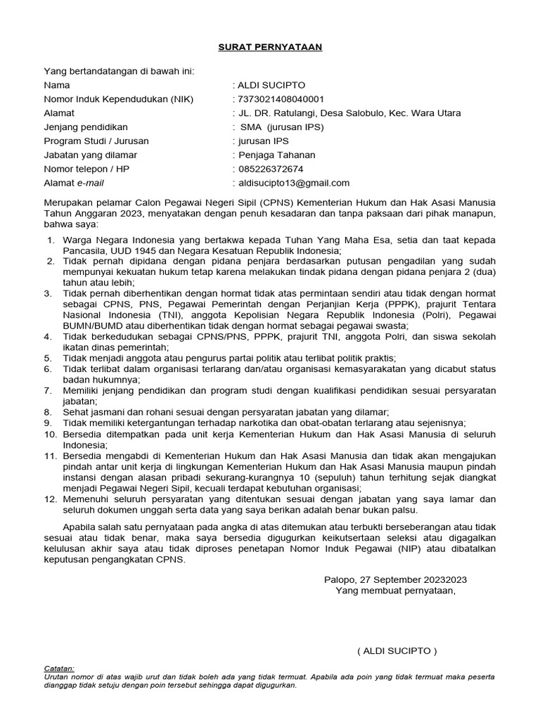 Surat Pernyataan Aldi | PDF
