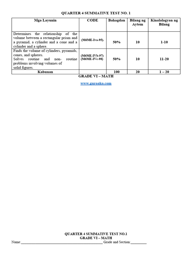 Q4 ST 1 GR.6 Math With Tos | PDF | Volume | Length